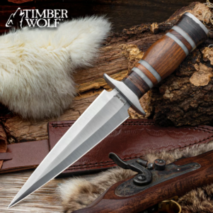 TIMBER WOLF FUR TRAPPER DAGGER AND SHEATH - STAINLESS STEEL BLADE, WOOD ...
